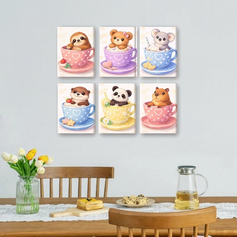 6 Mini Paintings Cute Animals In Cups Set
